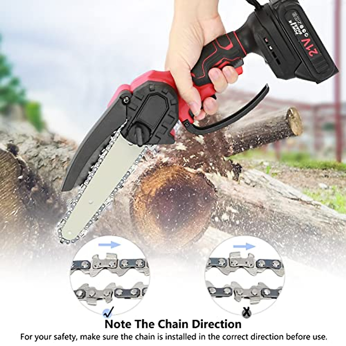 Electric Chainsaw Battery Powered, Rechargeable Cordless High-Power Motor Chain Saw, Handheld Small Chainsaw for Wood Trees Farm Garden Ranch Forest Cutting Red