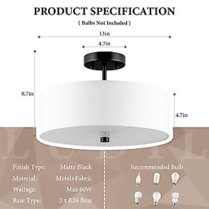 3-Light Semi Flush Mount Ceiling Light Fixture, 13" Black Drum Light, Modern Close to Ceiling Light with White Fabric Shade Lamps for Bedroom Living Dining Room Kitchen Hallway Entryway
