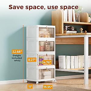 4 Tier Stackable Plastic Storage Bins with Lid and Wheels - 23 QT Closet Organizers and Storage, Foldable Storage Containers, Organization and Storage Boxes for Craft, Home, Pantry, Office, Dorm