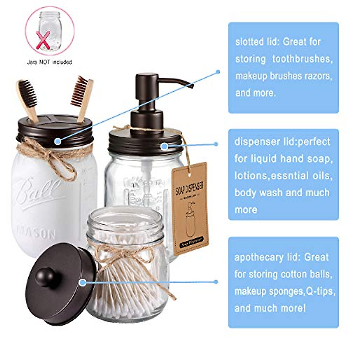 Mason Jar Bathroom Accessories Lids Set(4pcs) - Jar Not Included - Soap Dispenser,Toothbrush Holder, Apothecary Storage Jars Lids for Regular Mouth Mason Jars - Rustproof Stainless Steel，Bronze