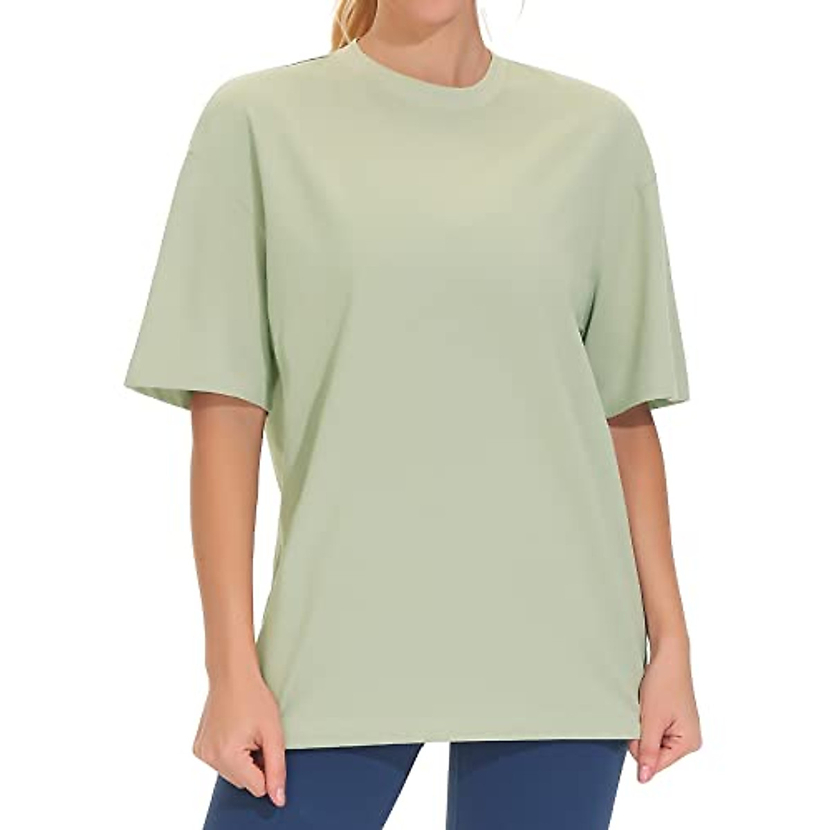 THE GYM PEOPLE Women's Oversized T Shirts Summer Casual Crewneck Short Sleeve Cotton Basic Tee Tops Light Green