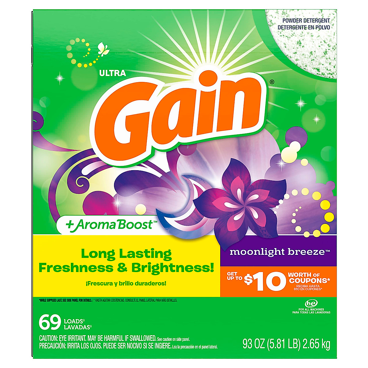 Gain Powder Laundry Detergent for Regular and HE Washers, Moonlight Breeze Scent, 93 ounces (Packaging May Vary)