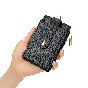 Cynure Women & Men Leather RFID Blocking Card Holder Slim Small Zipper Keychain Front Pocket Wallet with 2 ID Window, black