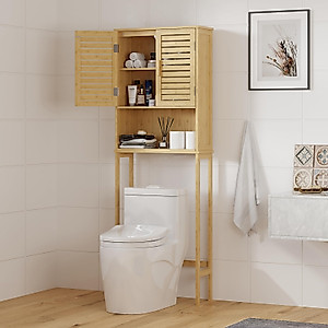 JoanKaren Over The Toilet Storage Cabinet,Bamboo Bathroom Cabinet with Adjustable Shelf and Doors,Freestanding Above Toilet Shelf for Bathroom,Space-Saving Toilet Rack
