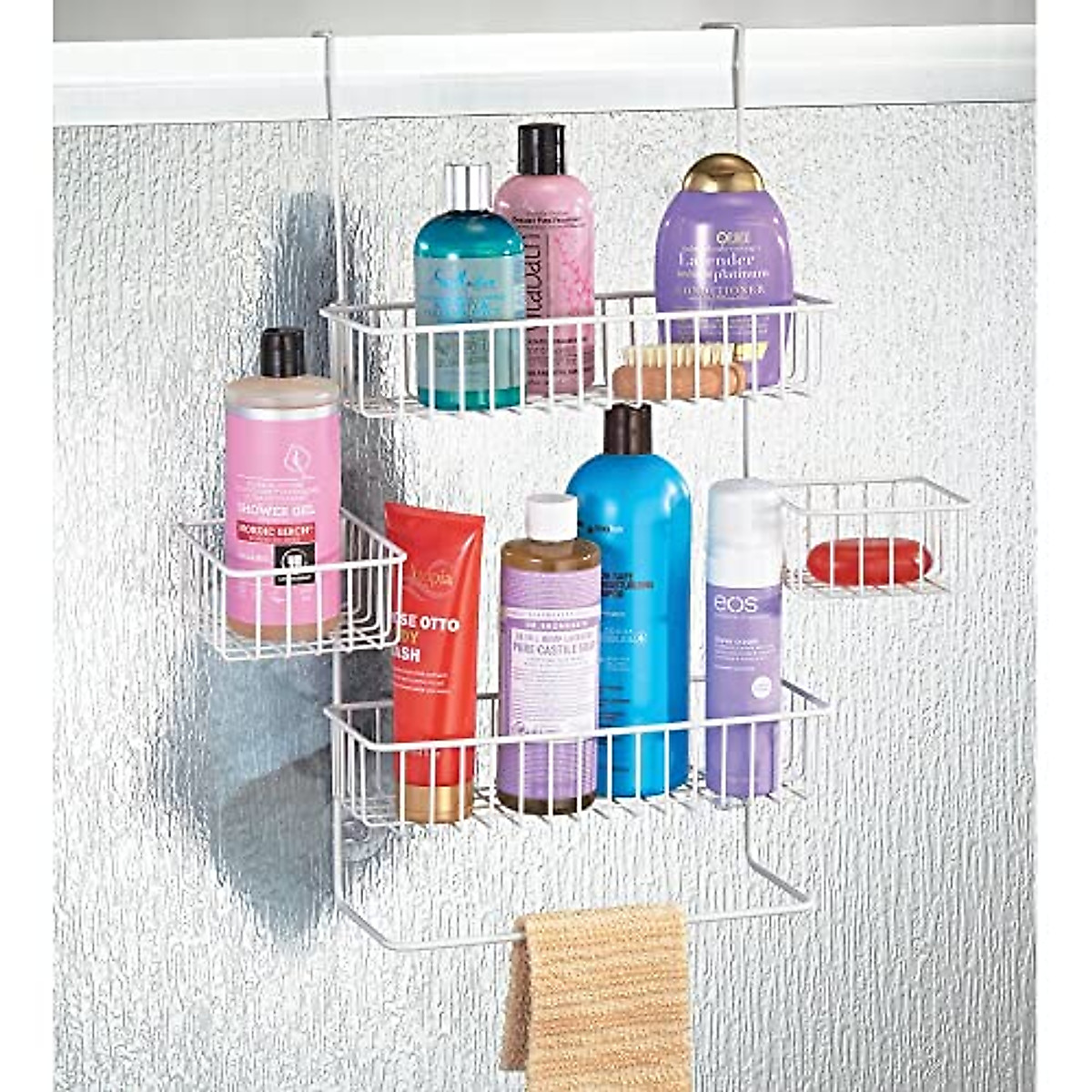 mDesign Steel Over the Door Shower Caddy - Hanging Shower Organizer Rack w/ 4 Baskets, 2 Hooks - In-Shower Hanging Caddy for Bathroom - Over Door Shower Caddy Hanger - Klypon Collection - Matte White