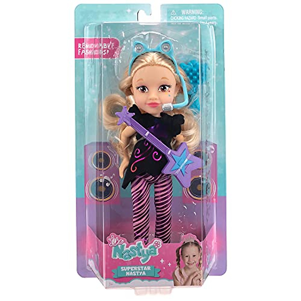 Like Nastya My BFF Nastya Doll Dressed as a Rock Star; 8-inch Plush Doll with Microphone Headband, Guitar, and Hairbrush Accessory