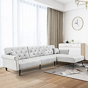 NOSGA Sofa Bed, Velvet Sectional Couch Convertible 115 L-Shape Sofa Bed Sleeper Reversible Chaise with 2 Pillows Adjustable Back for Living Room and Small Space (Gray)