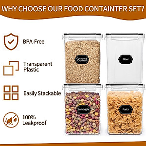 HKJ Chef 4 Pack Large Airtight Food Storage Containers with Lids (5.2L / 176oz), BPA Free Plastic Kitchen and Pantry Organization Contianers for Cereal Flour and Sugar Storage - Labels & Marker