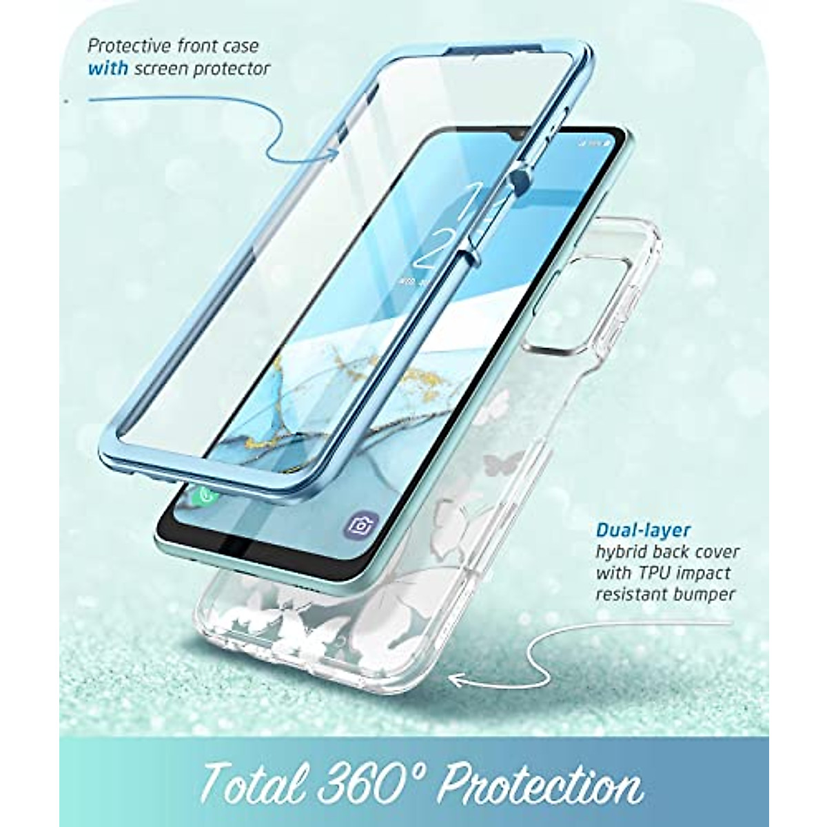 i-Blason Cosmo Case for Samsung Galaxy A13 4G/ 5G, Slim Full-Body Stylish Protective Case with Built-in Screen Protector (Blue Butterfly)