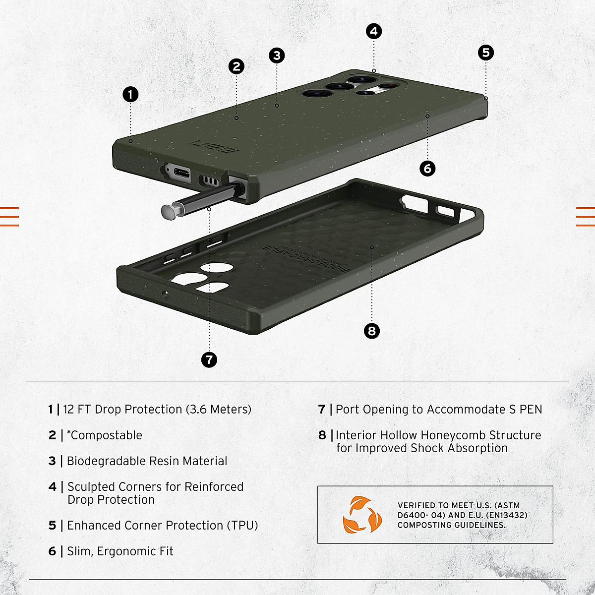 URBAN ARMOR GEAR UAG Designed for Samsung Galaxy S22 Ultra Case Green Olive 100% Biodegradable, Compostable, Mindful Eco-Friendly Ultra Slim Outback Biodegradable Protective Cover, [6.8 inch Screen]
