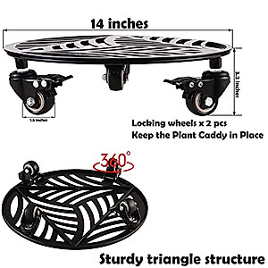 Large Metal Plant Caddy with Wheels 14 Inches Heavy-Duty Wroght Iron Rolling Plant Stand with Casters Indoor Outdoor Plant Pot Roller Base Plant Movers Plant Saucers Black, Strong Load Capacity