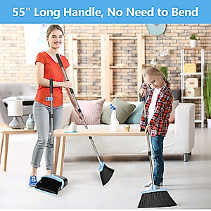 Folews Broom and Dust Pan with Long Handle, Large Broom and Dustpan Set for Home Heavy Duty Broom with Dustpan Combo Set Indoor Outdoor Use Upright Standing Dustpan and Broom Set Lobby Kitchen