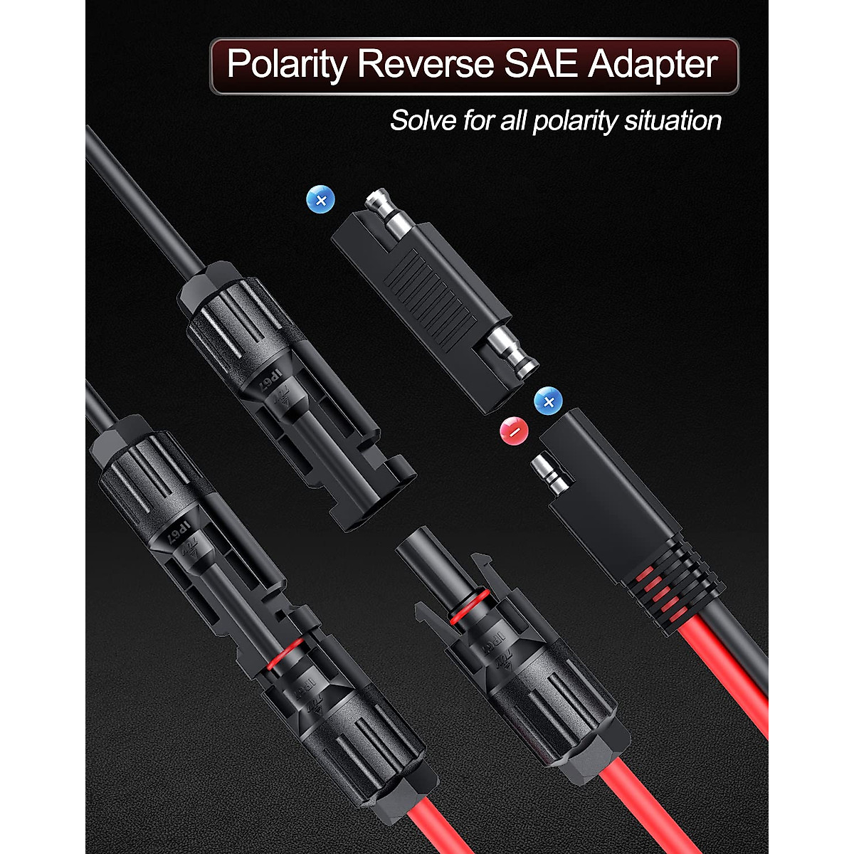 RANDPOW Solar Panel Connector Cable, 10AWG Solar to SAE Cable PV Extension Wire, SAE Connector to Solar Connectors Adapter RV Solar Panel DC Power Battery Charger with SAE Polarity Reverse Adapter