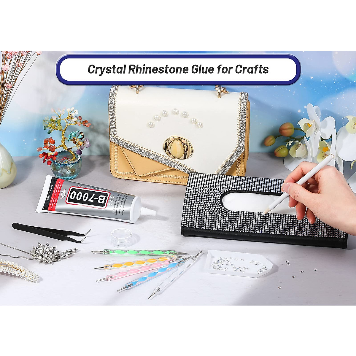 Upgrade B-7000 Crystal Rhinestone Jewelry Glue Clear, 110ml 3.7 fl oz Craft Glue Craft Adhesive Fabric Super Repair Glue with Precision Tips Multi Dotting Stylus for Nail Art,Jewelry,Phone Repair.