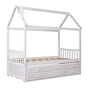 TARTOP Twin House Bed with Trundle and 3 Storage Drawers, Twin Captain's Beds Wooden Storage Daybed Frame for Kids Teens Boys Girls,White
