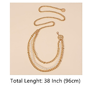 DECKER Pearl Body Chain for dress Gold Tassel Waist Chain 38 Inch Long Multilayer Belly Chain Belt for Women (Gold, 38)