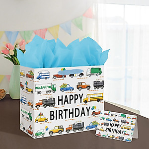 13" Large Car Happy Birthday Gift Bag for Baby Boy Kids with Tissue Paper and Card (Vehicle)