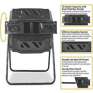 MaxWorks 50891 Compost Tumbler Bin Composter Dual Chamber 42 Gallon, Bundled with Gloves