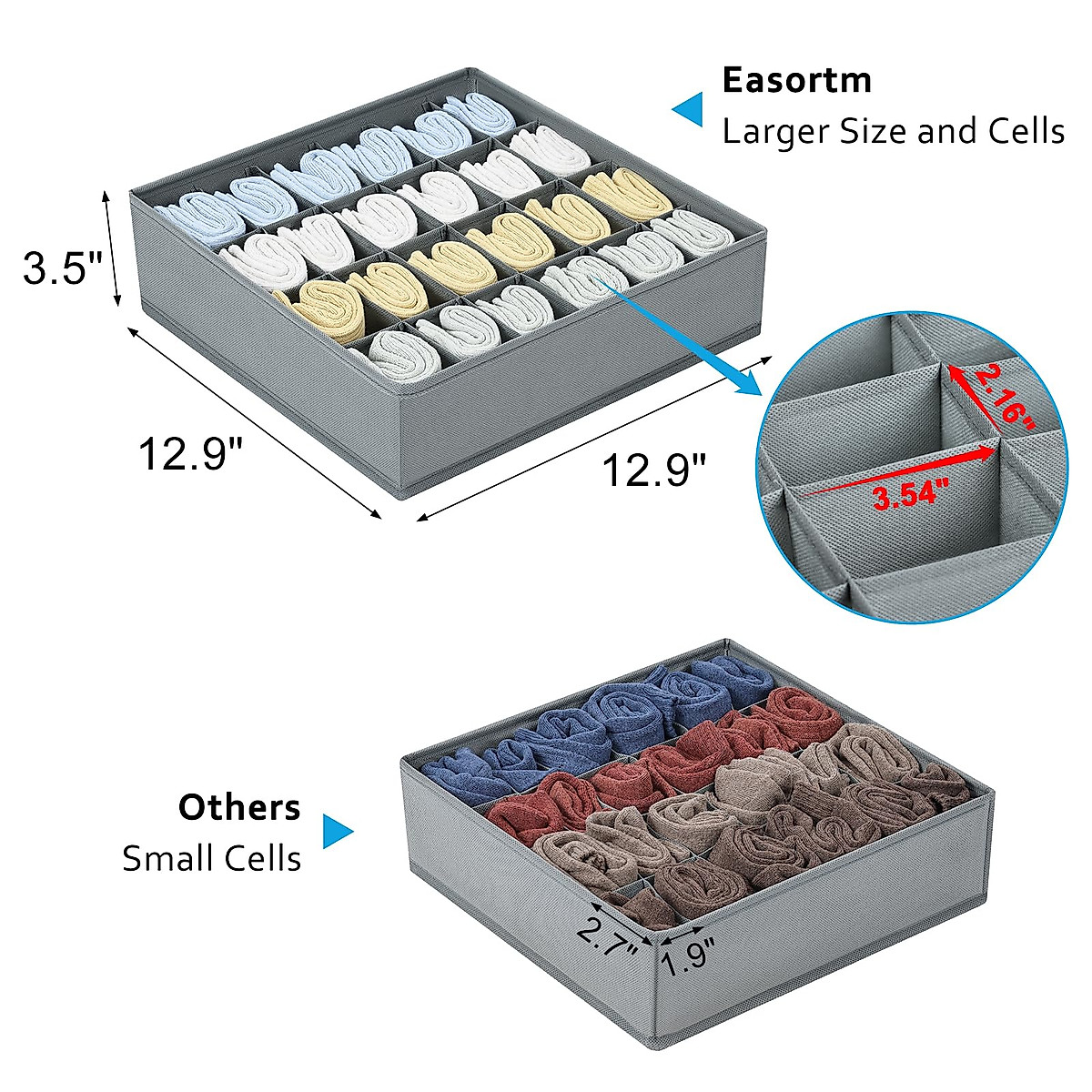 Easortm Sock Organizer 4 Pack, 24 Cell Underwear Organizer Foldable Underwear Storage, Sock and Underwear Drawer Organizer for Socks Ties Underwear Belts. (Gray)