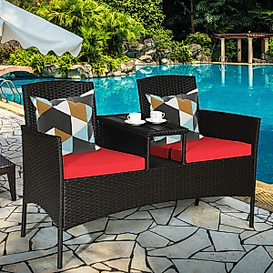 RELAX4LIFE Conversation Furniture Set with Table and Two Removable Cushions Rattan Wicker Chairs and Table Set for Patio,Garden, Baloney and Lawn Outdoor Porch Furniture Sets Loveseat (Brown+Red)
