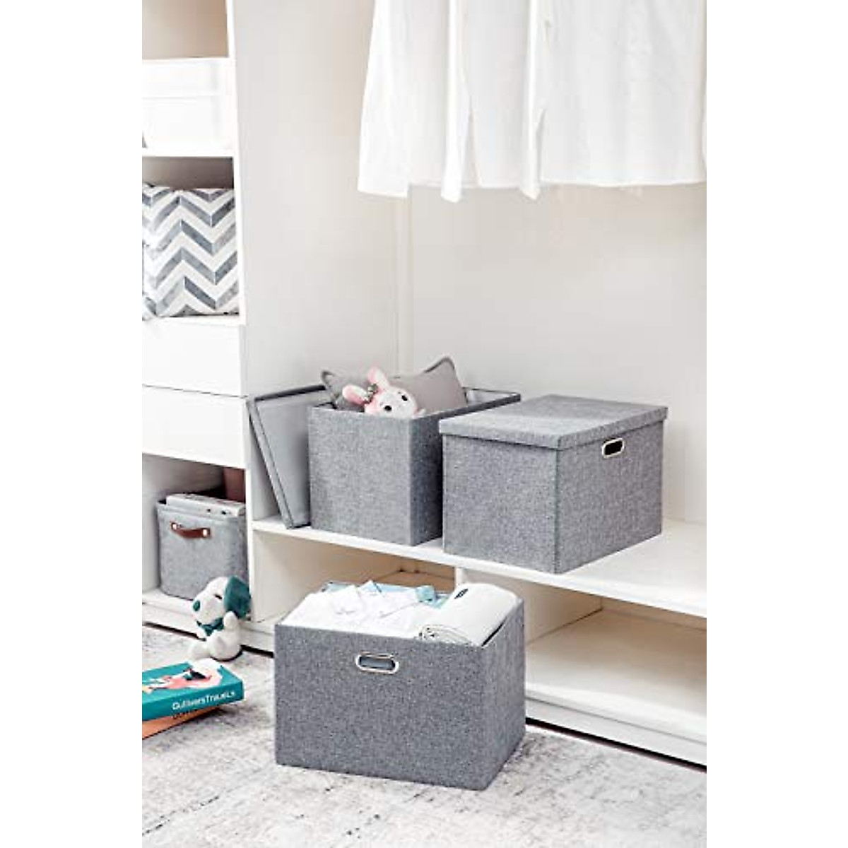 AlphaHome Large Storage Bins with Lids [3 Pack], Foldable Linen Fabric Large Storage Baskets for Organising Clothes and Toys(Glaucous Grey, Large - 15.4 x 10.6 x 9.8)