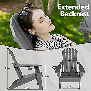 Plawdlik Folding Adirondack Chair, SGS Tested, Wooden Textured with Cup Holder, Heavy All-Weather HDPE Comfortable Set Poolside Backyard Lawn Grey