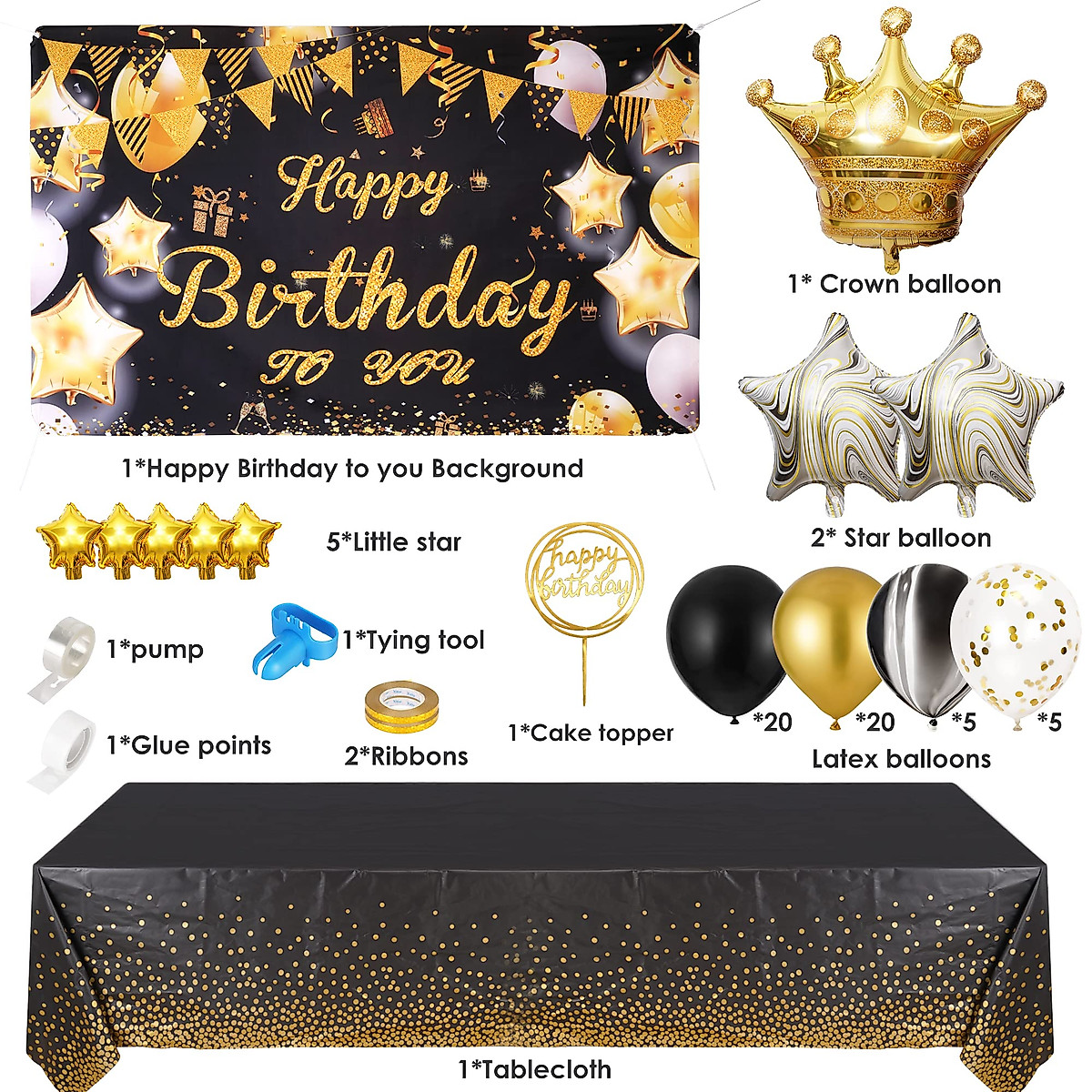 KATBUU Gold and Black Birthday Decorations - with Happy Birthday Banner, Gold and Black Balloons Arch Garland for Mens Women Girls Sweet 16th 21st 30th 40th 50th Birthday Party Decor Supplies
