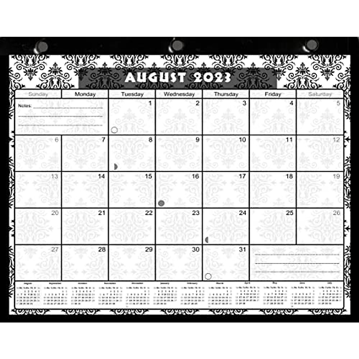 2023-2024 Academic Year 12 Months Student Calendar/Planner in Protective Sleeve for 3-Ring Binder, Desk or Wall -v009 (Damask Black and White)