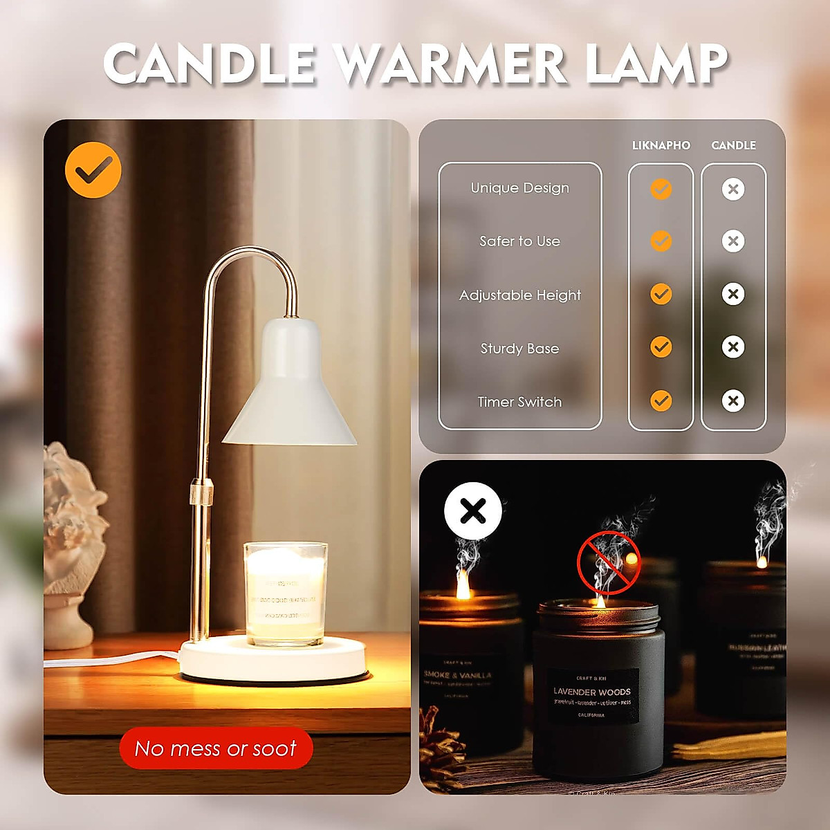 Liknapho Candle Warmer Lamp with Timer for Home Decor, Adjustable Height Scented Wax Melt Warmer, Compatible with Small & Large Candle, Smokeless Electric Candle Lamp Warmer, 2 Bulbs Included