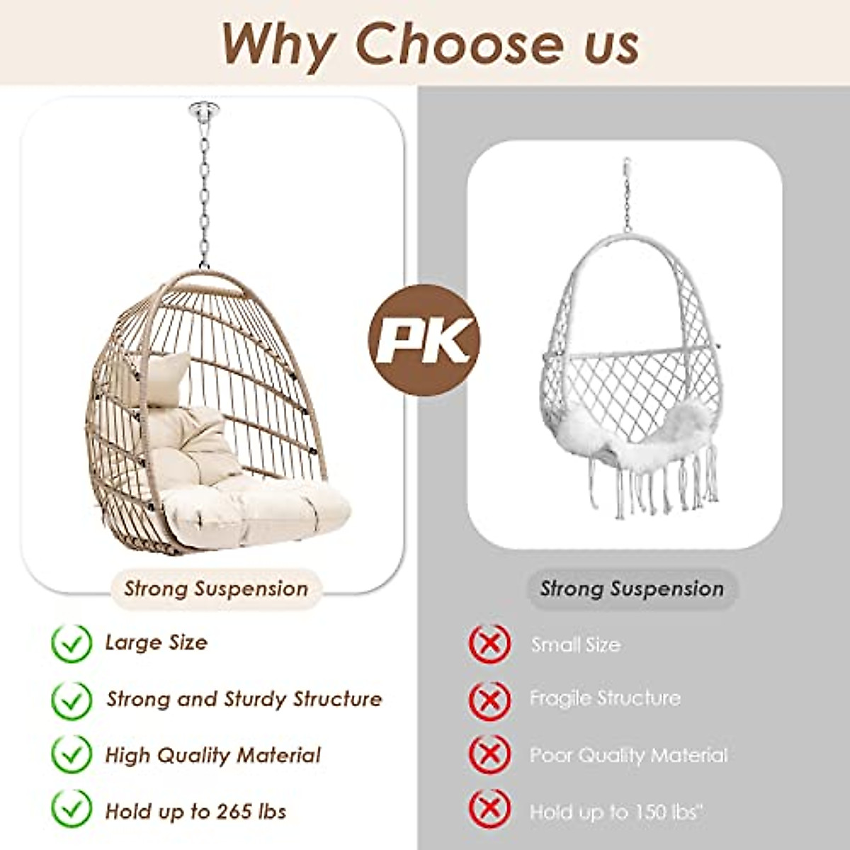 RADIATA Egg Chair Luxury Outdoor Patio Wicker Hanging Swing Egg Chairs with Water Resistant Cushions for Patio Backyard Balcony (Beige,Without Stand)