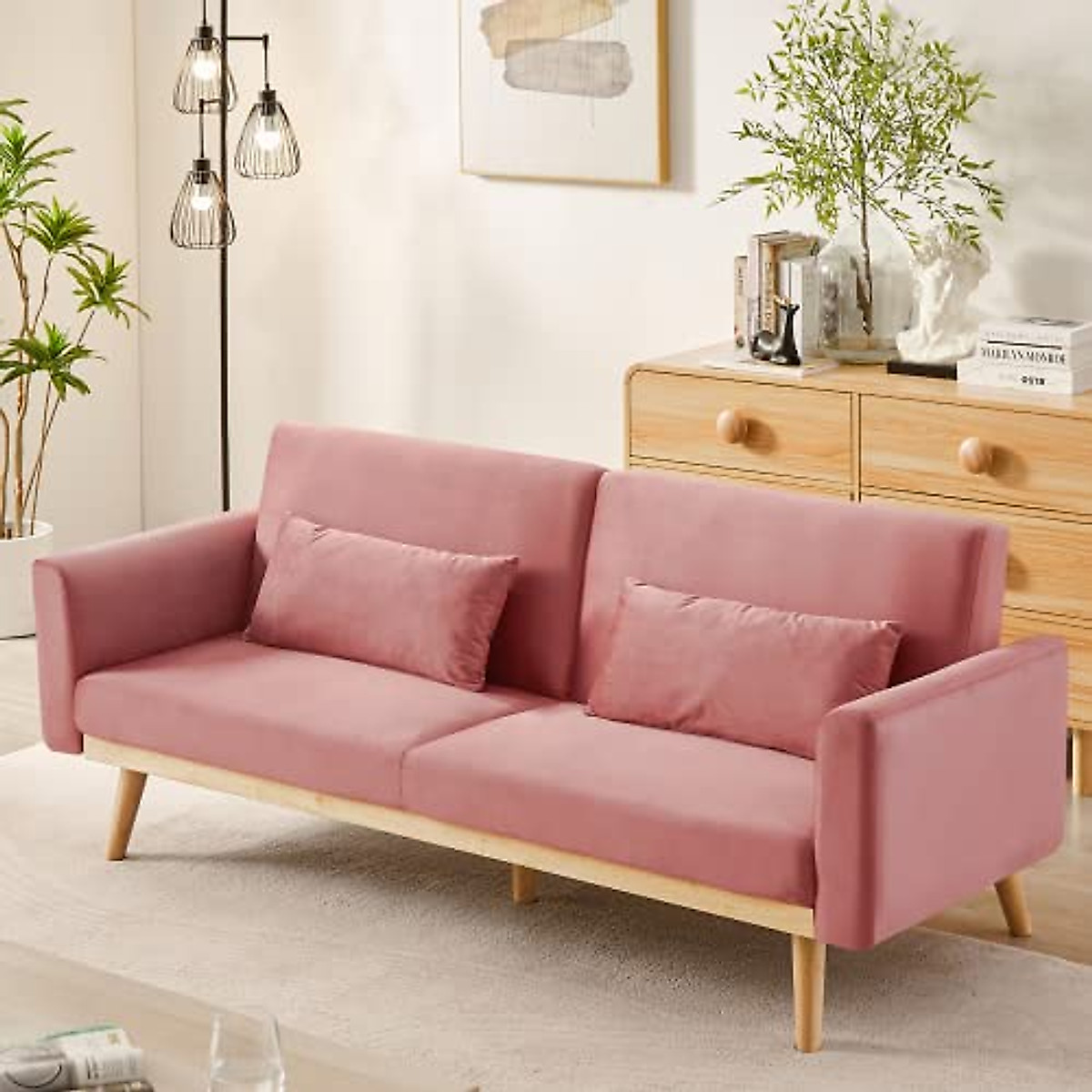 AWQM Velvet Futon Sofa Bed, Memory Foam Couch Set, Upholstered Modern Daybed Convertible Folding Loveseat Recliner with Pillows and Wooden Frame for Compact Living Room, Apartment, Dorm, Office (Pink)