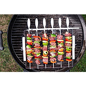 BBQ Dragon Domino Style Shish Kabob Skewers & Rack Set - Stainless Steel BBQ Skewers - Foldable Grill Rack with 6x14” Metal Skewers for Grilling -Flat Kabobs Skewers for Meat, Shrimp, Chicken, Veggie