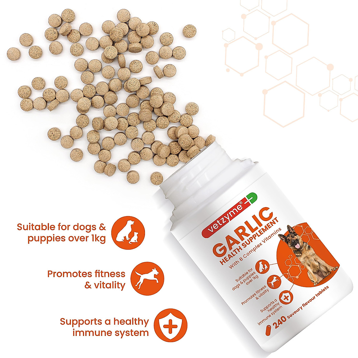 Vetzyme Garlic Health Supplement Tablets for Dogs, Healthy Heart, Vitality for Dogs, 240 Tablets