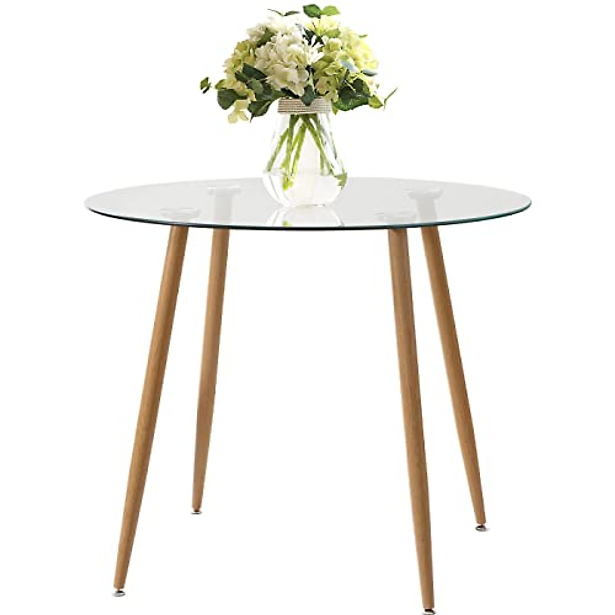 STYLIFING Round Glass Dining Table - Tempered Glass Kitchen Table Dining Room Table - Modern Small Round Dining Table for 4 with Wood Printed Transfer Metal Leg Coffee Dinner Table for Living Room