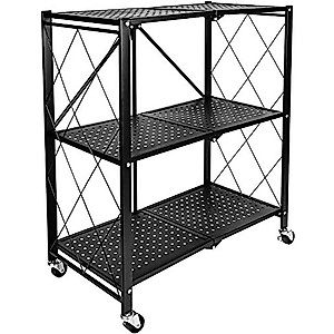 HealSmart 3-Tier Heavy Duty Foldable Metal Rack Storage Shelving Unit with Wheels Moving Easily Organizer Shelves Great for Garage Kitchen Holds up to 750 lbs Capacity, Black (HKSHLFFOLD28153403BV1)