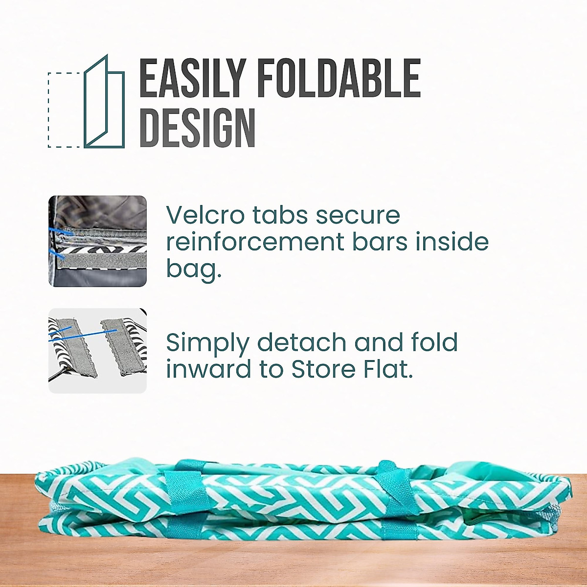 Lucazzi Extra Large Utility Tote Bag - Oversized Collapsible Reusable Wire Frame Rectangular Canvas Basket With Two Exterior Pockets For Beach, Pool, Laundry, Car Trunk, Storage - Geometric Teal
