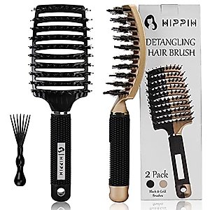 Boar Hair Brushes 2 Pack, Suitable for Men, Women & Kids’ Long Curly Wet or Dry Hair, HIPPIH Hairbrush for Thick Hair Can Adds Shine and Makes Hair Smooth
