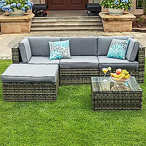 YITAHOME Patio Furniture Set, 5 Piece Outdoor Sectional Sofa Furniture Sets, PE Wicker Conversation Set with Ottoman, Rattan Coffee Table & Cushions for Lawn Backyard Garden Porch, Gray Gradient