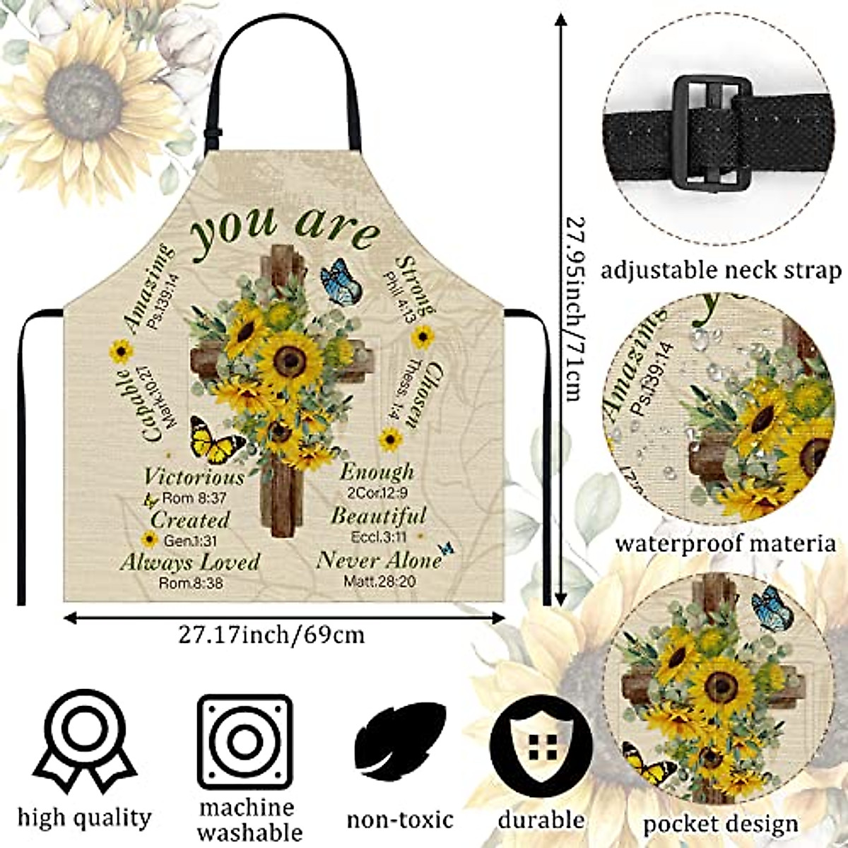 Lasnten Christian Bible Verse Apron Religious Gift for Women Waterproof Inspirational Cooking Apron with Pocket Tie Neckstrap (Sunflower)