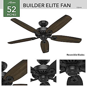 Hunter Fan Company 53243 Builder Elite Indoor Ceiling Fan with Pull Chain Control, 52", Matte Black