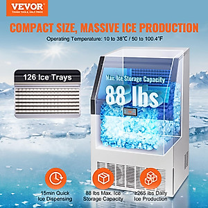 VEVOR Commercial Ice Maker Machine, 265lbs/24H, Ice Maker Machine, 126 Ice Cubes in 12-15 Minutes, LED Digital Display Free Standing Ice Maker with 88lbs Storage Capacity, for Home Office Restaurant