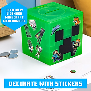 Paladone Minecraft Creeper Maze Safe, Complete The Maze to Unlock Money, Fun Minecraft Block Collectible Toy and Piggy Bank for Kids, Comes with Decorative Stickers