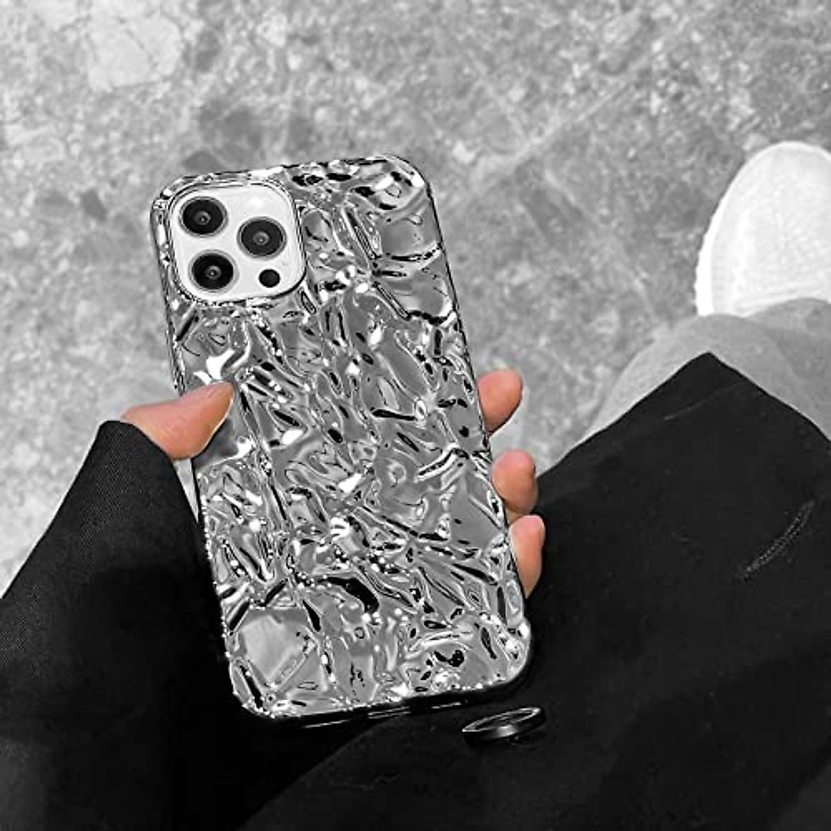 Shinymore iPhone 13 Pro Max Glitter Case, Fashion Bling Glitter Silver Cute Soft Silicone Tin Foil 3D Pleats Women Girls Shockproof Soft Case Cover for iPhone 13 Pro Max