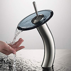 KRAUS Tall Waterfall Bathroom Faucet for Vessel Sink with Clear Black Glass Disk, Satin Nickel KGW-1700SN-BLCL