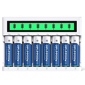 Deleepow AA Rechargeable Batteries Nimh 3300mAh AA Rechargeable Batteries 1200 Cycles 1.2V 8-Pack with LCD C Port and Micro USB 2 Charge Port Charger