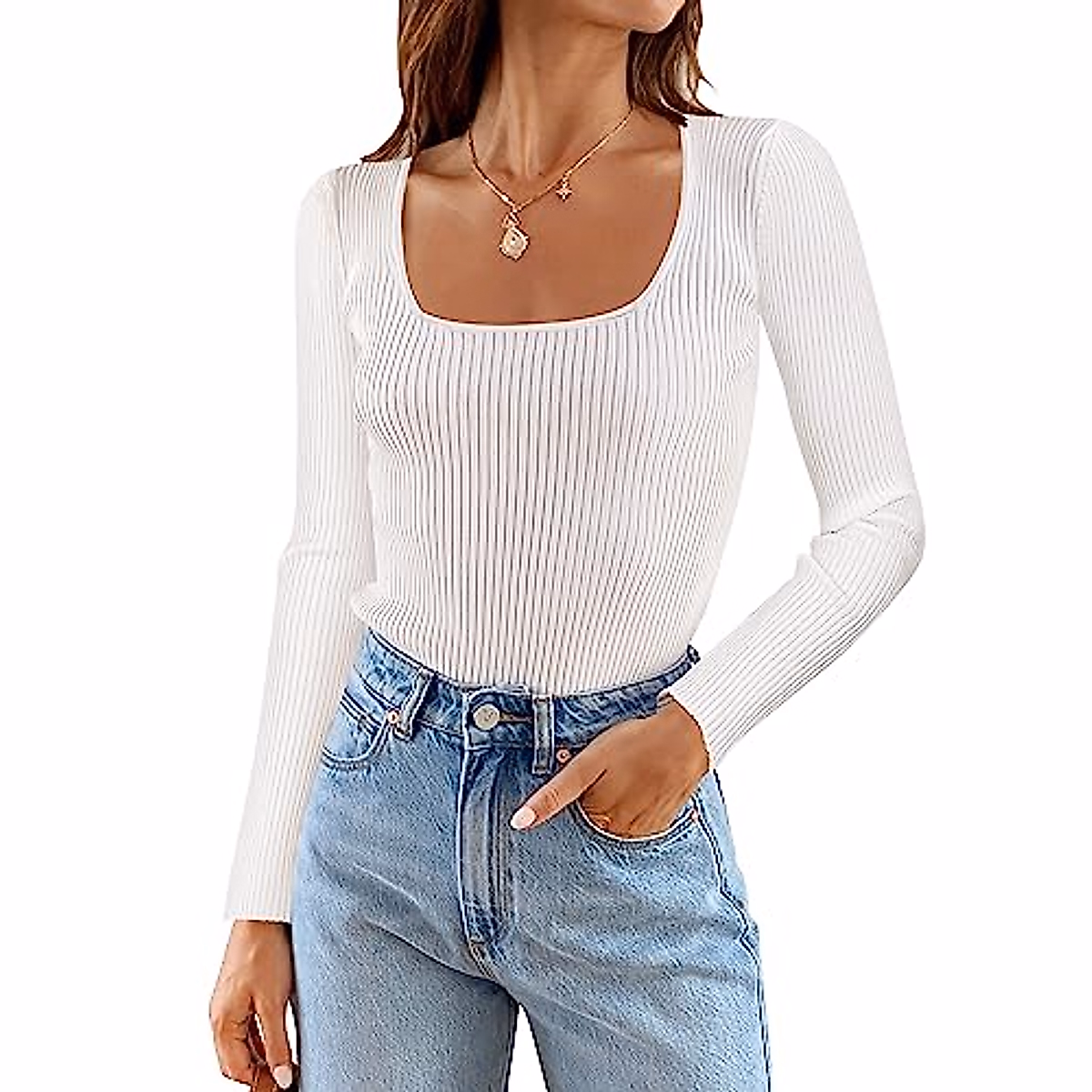 ZESICA Women's 2023 Long Sleeve Square Neck Shirts Fall Clothes Slim Fitted Ribbed Knit Sweater Basic Tee Tops,White,Large