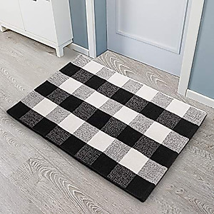 Buffalo Plaid Rug | Buffalo Check Outdoor Rug | Black and White Checkered Outdoor Rug | Front Door Mat | Porch, Kitchen & Indoor Rugs | Cotton Welcome Rug | Washable 24x36 Inches + Bonus Anti-Slip Mat