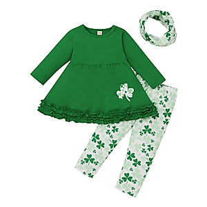 XFGLCK Toddler Kids Baby Girls St.Patrick's Day Outfits Flare Tunic Long Sleeve Dress Shirt Shamrock Print Pants Scarf Sets (Green St.Patrick's day outfits, 12-18 Months)