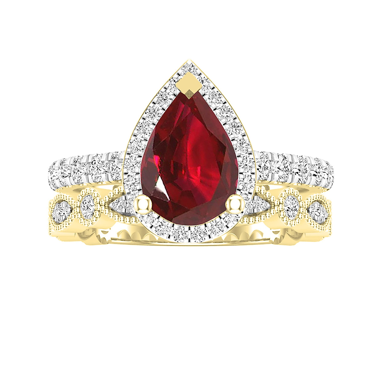 Dazzlingrock Collection 9X6 MM Pear Lab Created Ruby and 0.78 Carat (ctw) Round White Diamond Halo Alternating Marquise & Circle Wedding Ring Set for Women in 10K Yellow Gold, Size 8.5