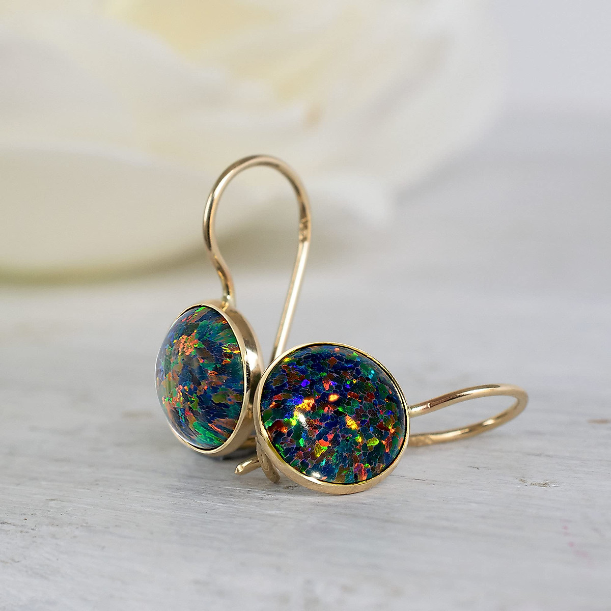 14K Gold Black Opal Drop Earrings - October Birthstone Dangle - Solid Yellow Gold Dangle Earrings - Dainty Handmade Wedding Jewelry - Perfect Bridal or Graduation Gift
